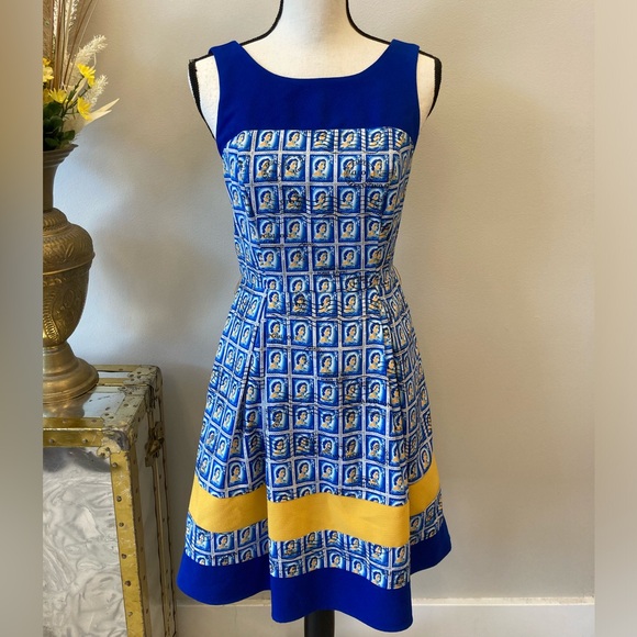 Eva Franco | Dresses | Eva Franco Blue And Yellow Stamp Print Dress ...